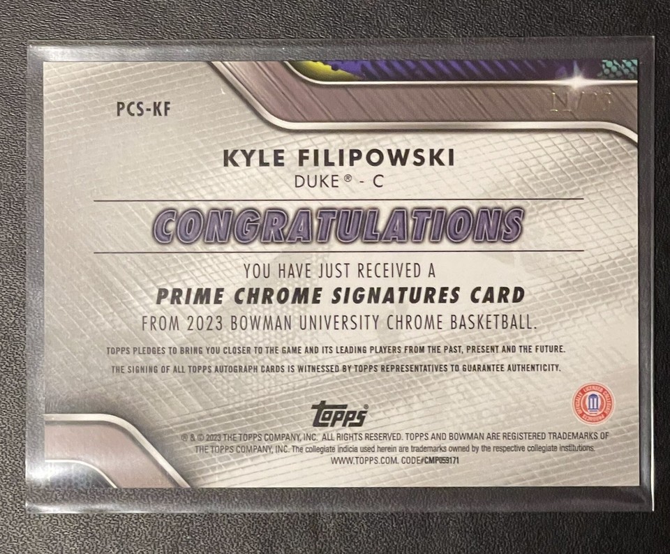 2023 Bowman University Chrome Kyle Filipowski Prime Signatures Orange ...
