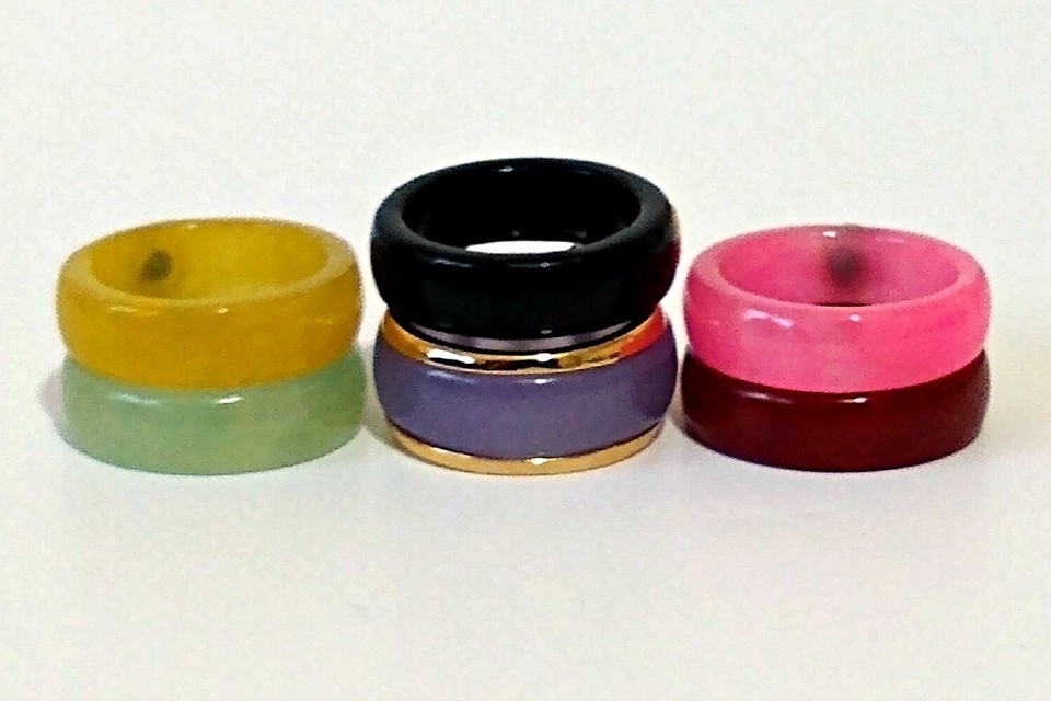 Six Interchangeable Multicolor Jade Set Bands with 14kt Gold Ring ...