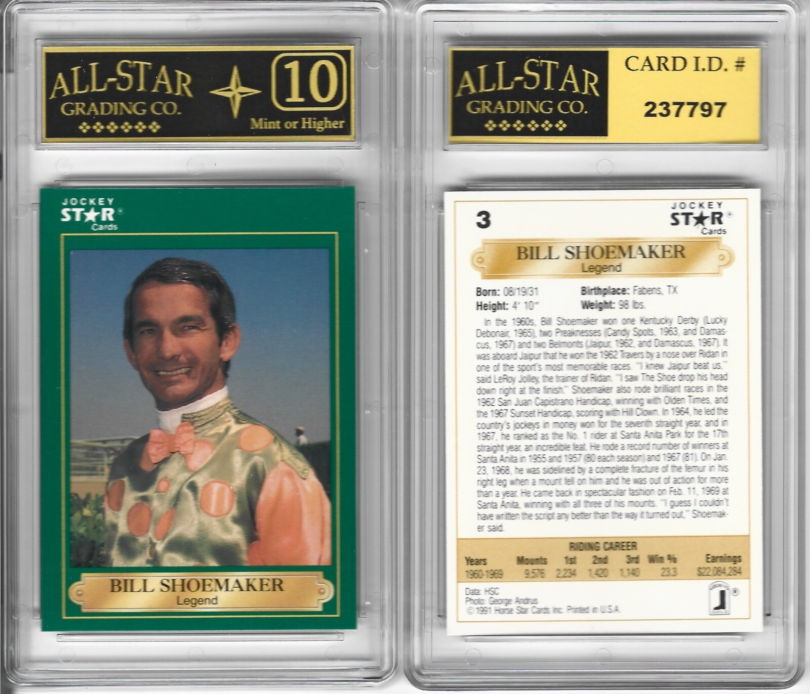 Bill Shoemaker 1991 Horse Star Cards Jockeys #3 ASG 10 MINT | eBay