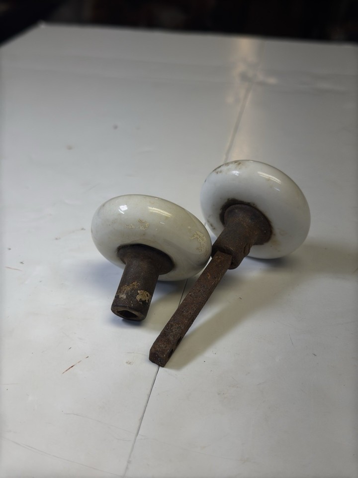 Antique White Porcelain Door Knobs with Iron Spindle Vintage ...