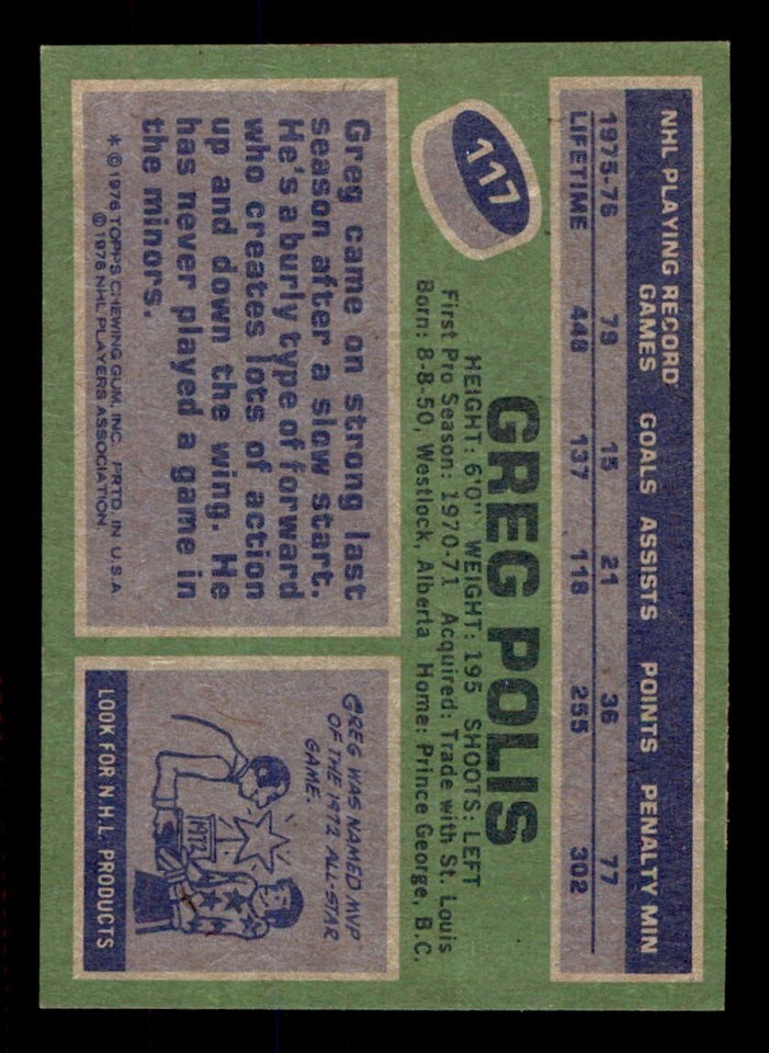 1976 Topps Hockey #117 Greg Polis NM | eBay