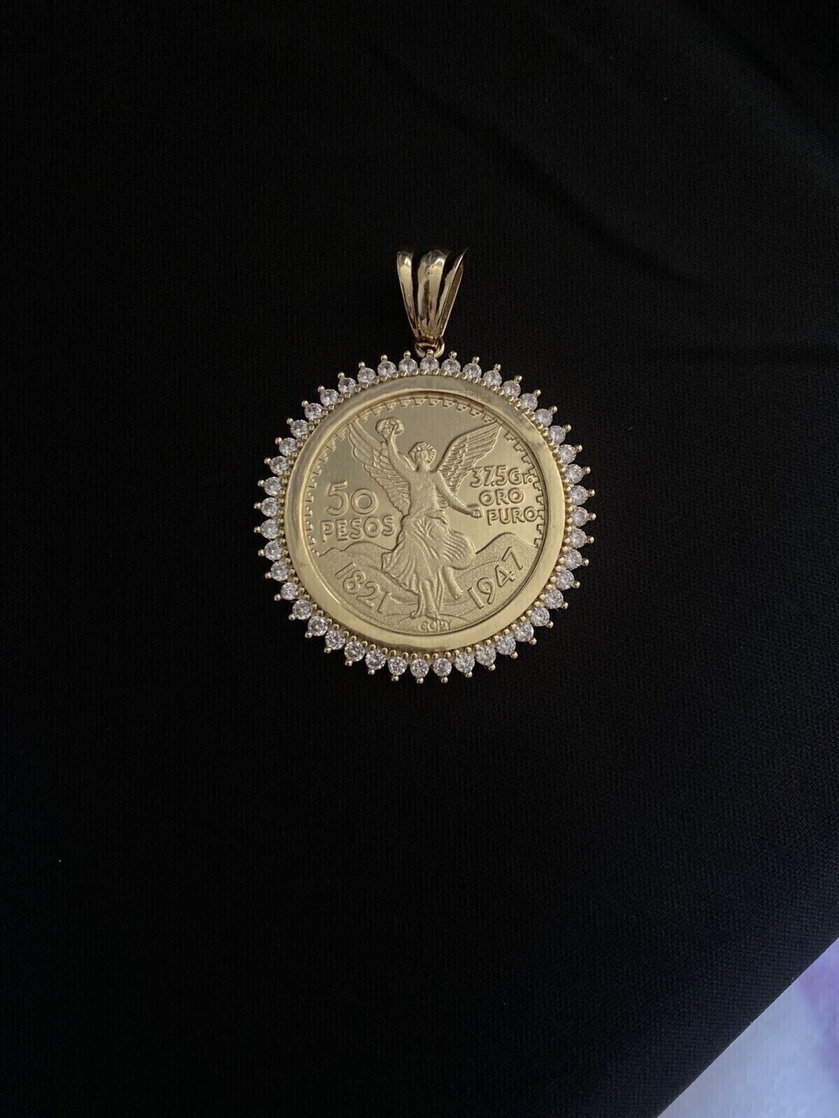 14K Yellow Gold Finish 50 Pesos Moneda Mexican CENTENARIO Pendant Lab ...
