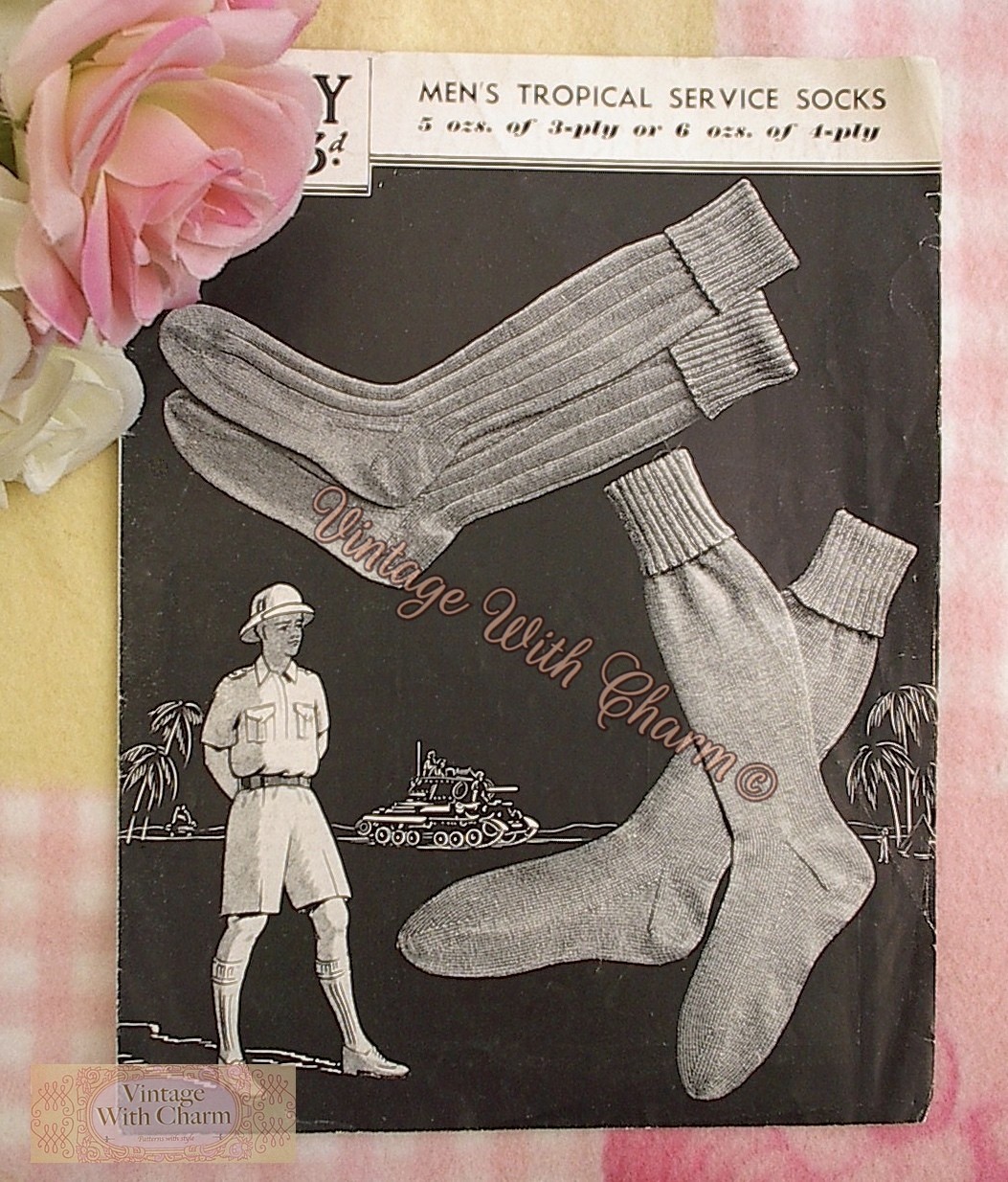 Vintage 1940s Mens Tropical Service Socks Knitting Pattern WW2 .2 ...