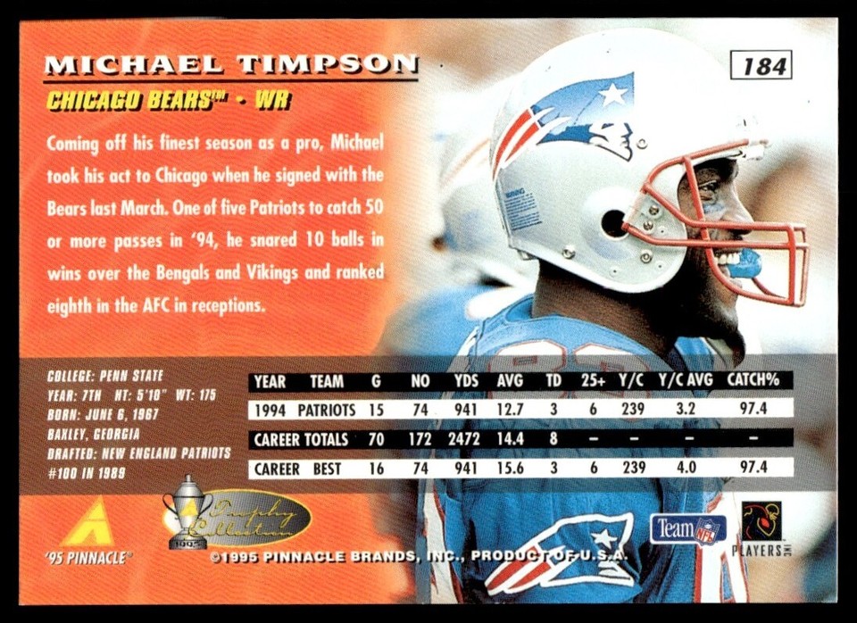 1995 Pinnacle Trophy Collection Michael Timpson G42 Chicago Bears #184 ...
