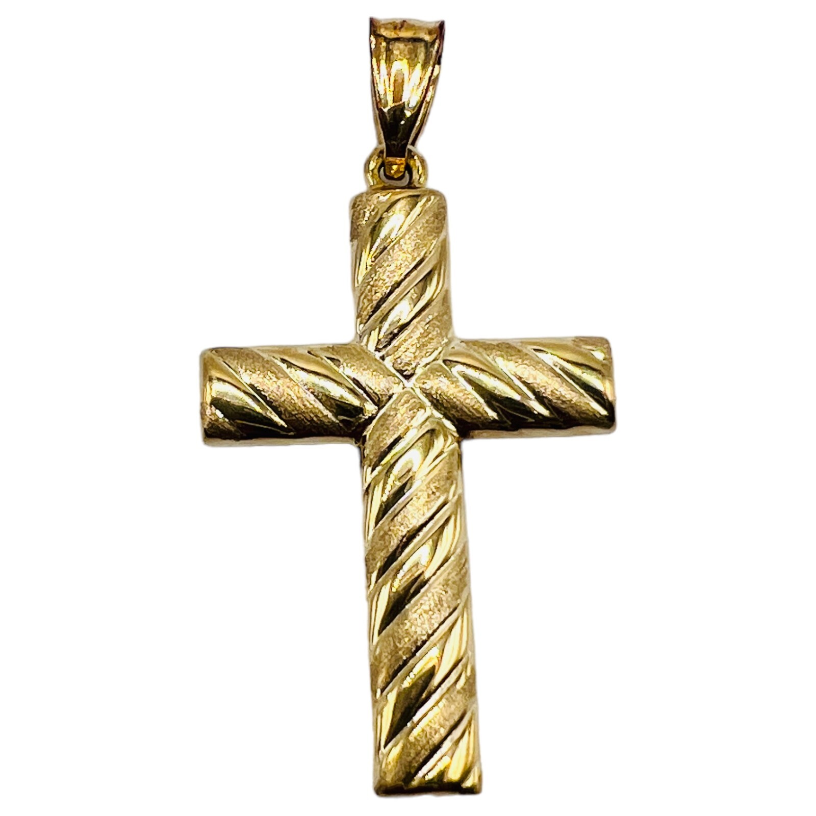 14K Yellow Real Gold Hollow Cross Engraved Pendant 1" - Gem