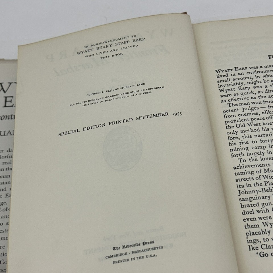 Wyatt Earp Frontier Marshal by Stuart N. Lake Riverside Press - 1955 ...