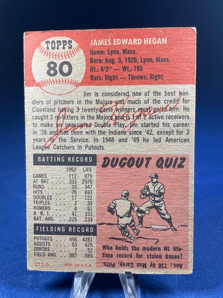 1953 Topps Baseball Card Jim Hegan #80 Cleveland Indians | eBay