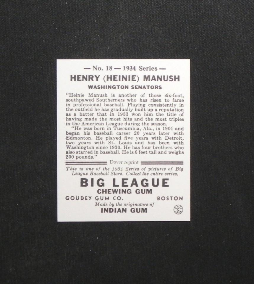 Henry (Heinie) Manush 1934 GOUDEY GUM COMPANY Dover Reprint Card #18 ...