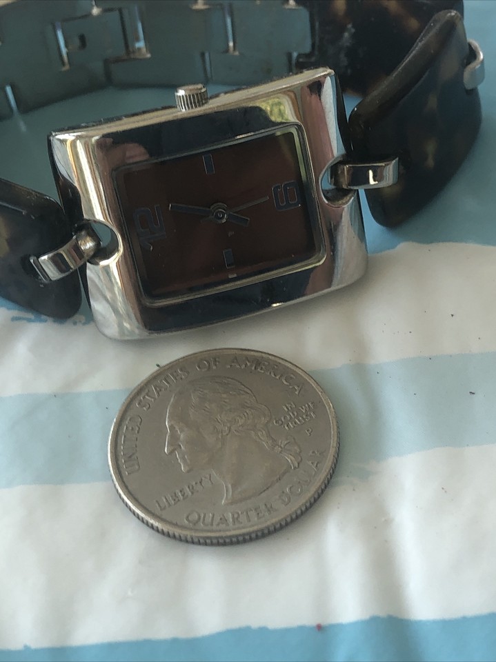 Merona Brown Dial Silver Tone Rectangle Case Faux Tortoise Shell Band ...