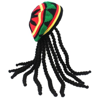 Jamaican Reggae Rasta Leaf Beret Hat with Dreadlocks Fancy Dress ...