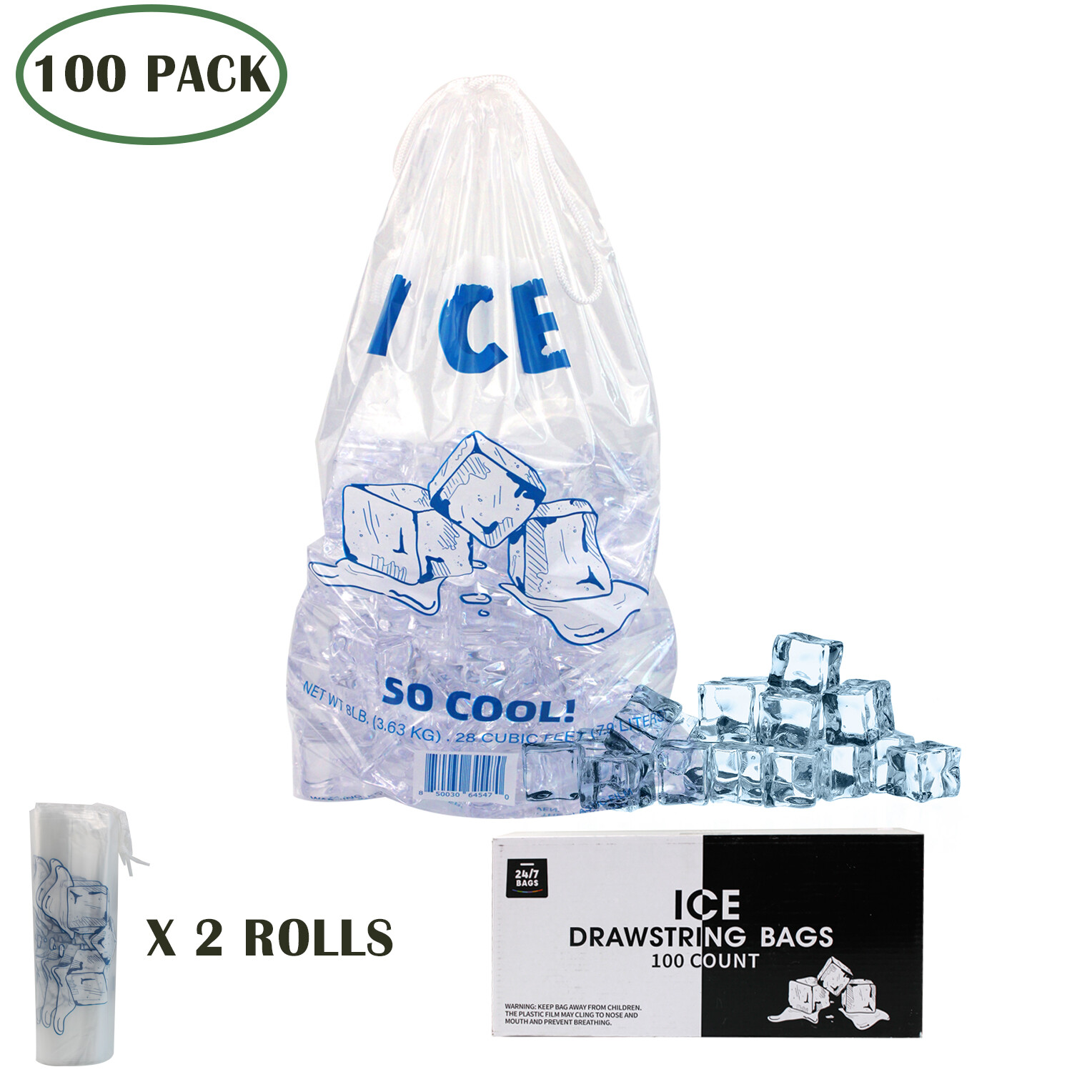 100 Count-Ice Bags With Drawstring, Clear, Puncture Resistant & Heavy ...
