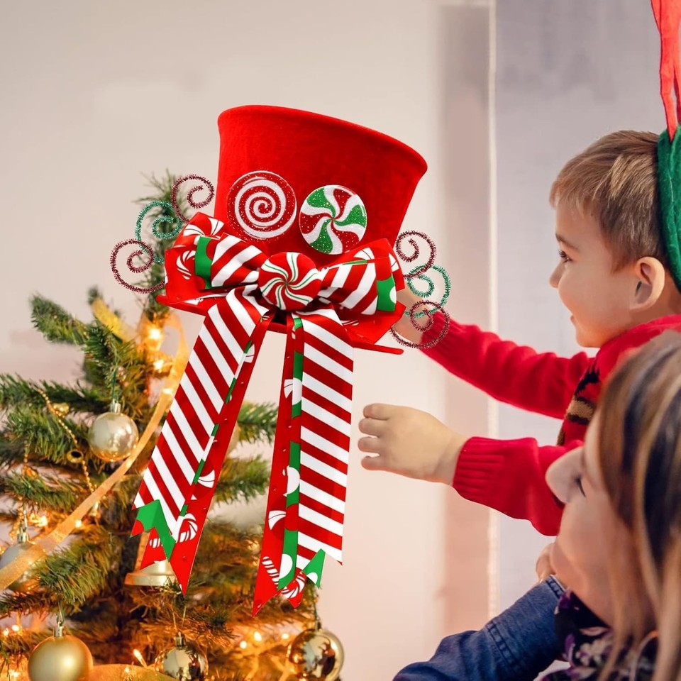 Christmas Candy Canes Tree Topper Red Hat with Peppermint Bows Ornament ...