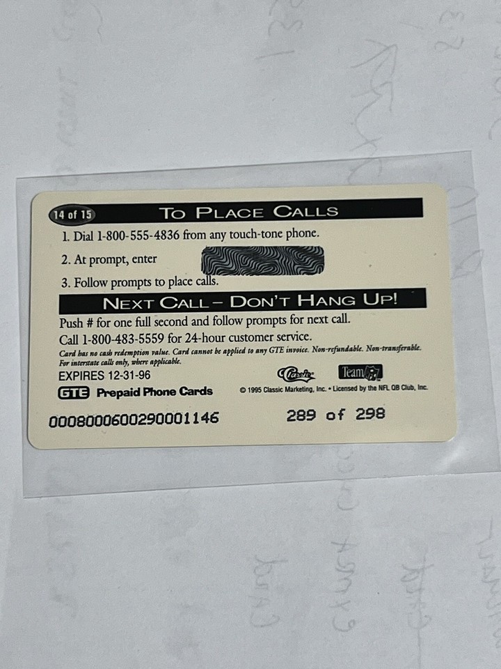 Steve Young 1995 Classic Pro Line $5 Phone Card #14 Printers Proof 289/ ...