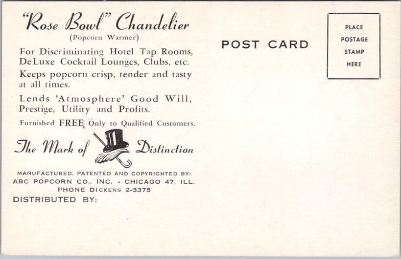 c1960s ABC POPCORN CO. Advertising Postcard Hanging Bowl for Cocktail ...