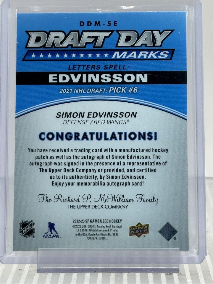 SIMON EDVINSSON 2022-23 UD SP GAME USED DRAFT DAY MARKS PATCH AUTO /35 ...