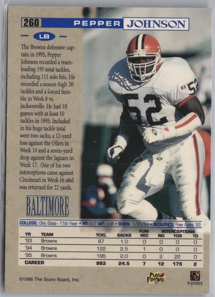 1996 Pro Line Football Card #260 Pepper Johnson | eBay