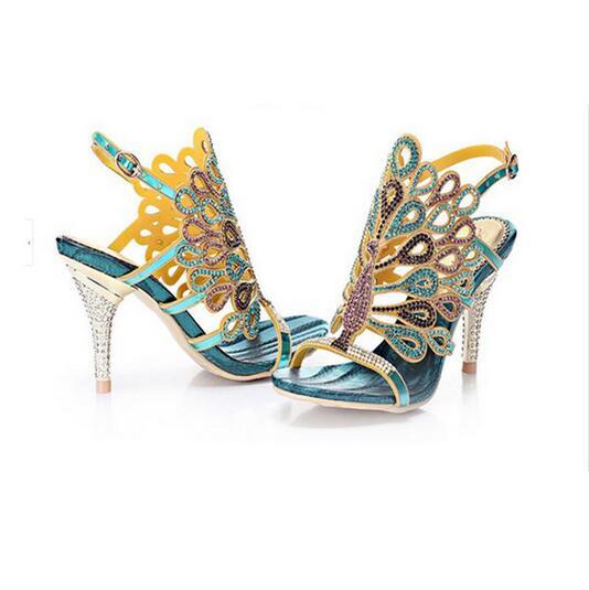 Womens Dress Sandals Peacock Rhinestone High Heel Stiletto Evening Peep ...