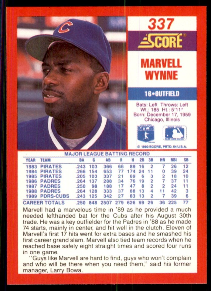 1990 Score Marvell Wynne Baseball Cards #337 | eBay