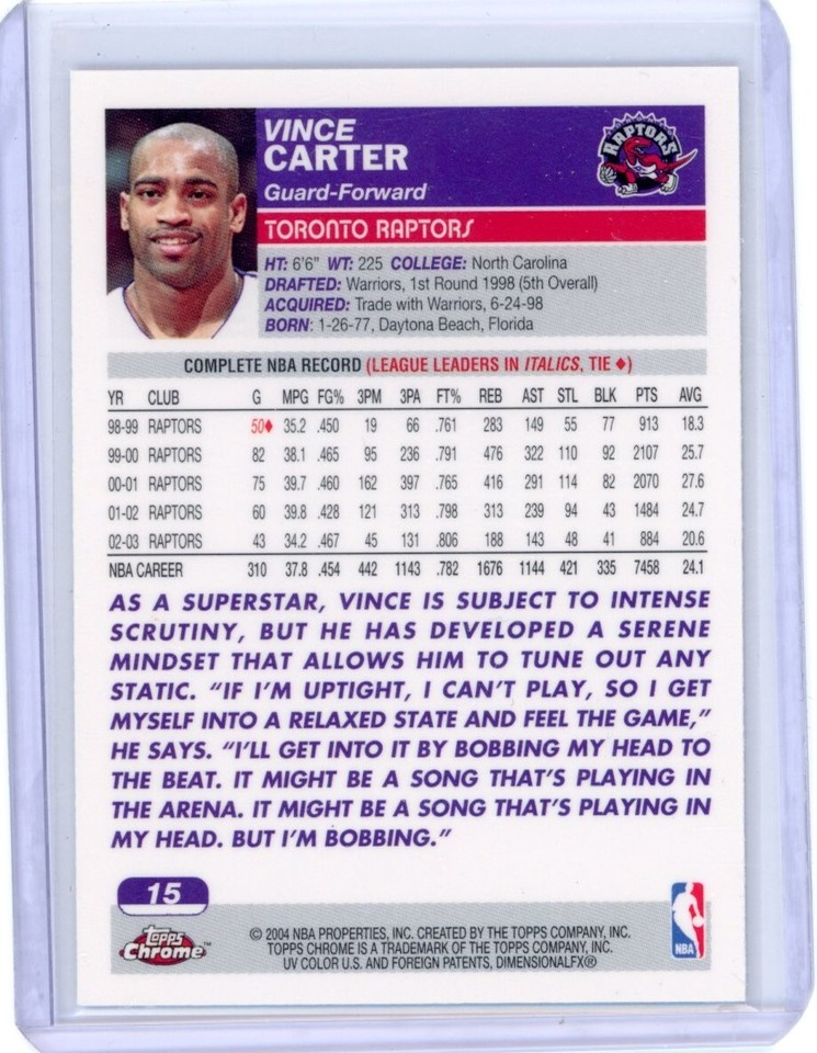 Vince Carter 2003-04 Topps Chrome #15 Toronto Raptors | eBay