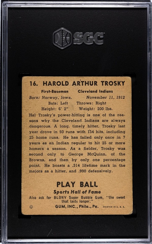1941 PLAYBALL Baseball card # 16- HAL TROSKY- INDIANS - GRADED-SGC-3 ...