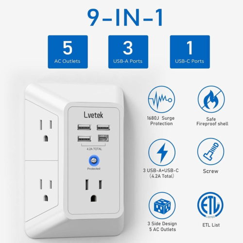 5 Outlet Extender Multi Plug Wall Outlets with 4 USB Charging 3U1C ...