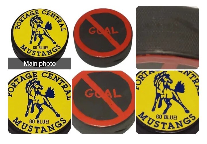 PORTAGE CENTRAL MUSTANGS VINTAGE PUCK STICKER LOGO & PAINTED GOAL ...