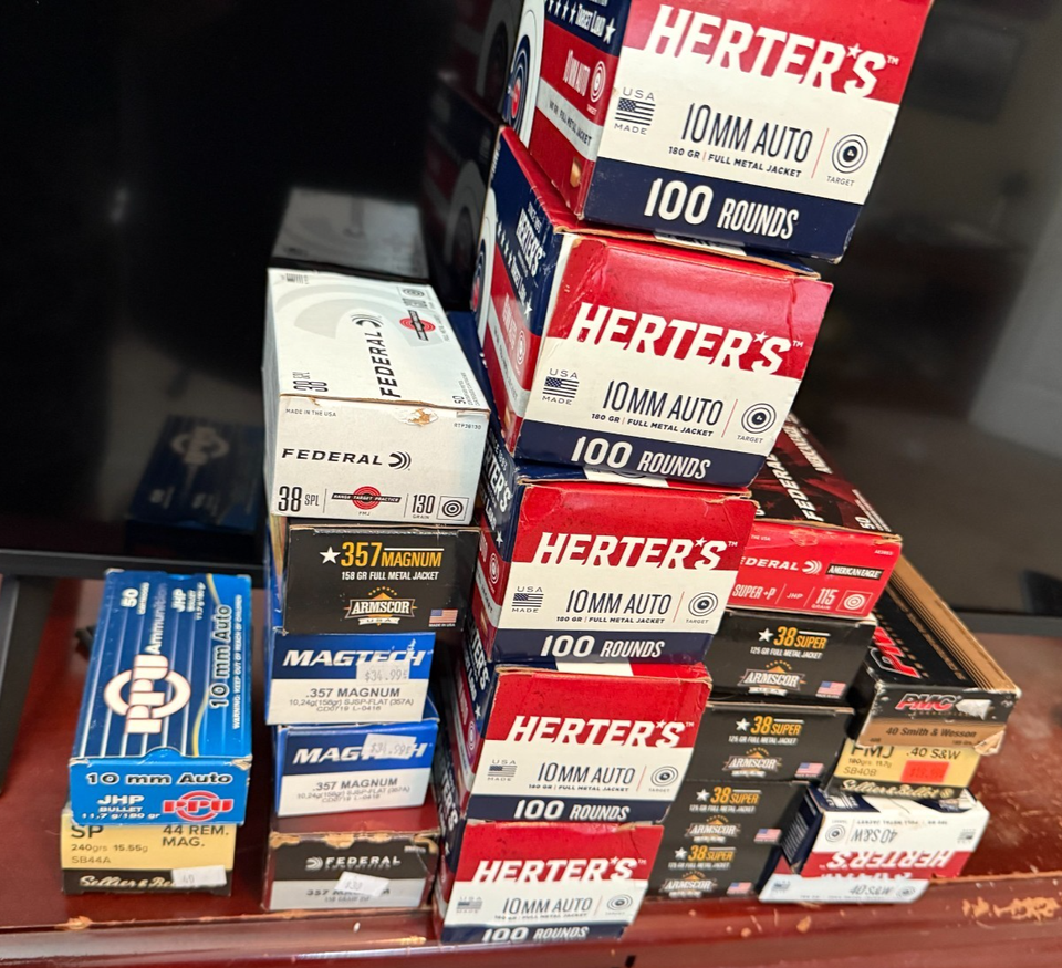 LOT OF 50+ EMPTY AMMO AMMUNITION BOXES w/TRAYS 9MM 40 45 10MM 357MAG 38 ...