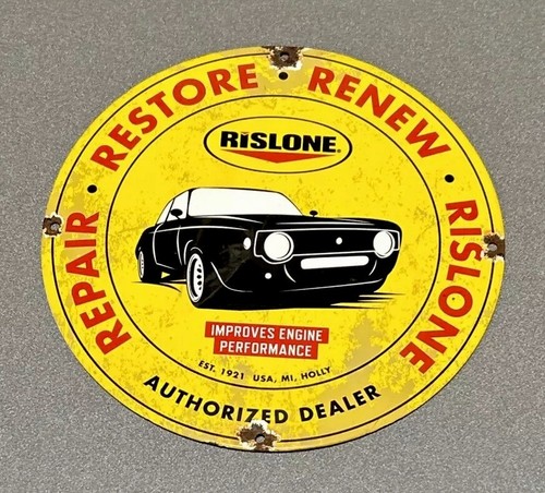 VINTAGE 12” RISLONE PORCELAIN SIGN CAR GAS TRUCK GASOLINE MOTORCYCLE | eBay
