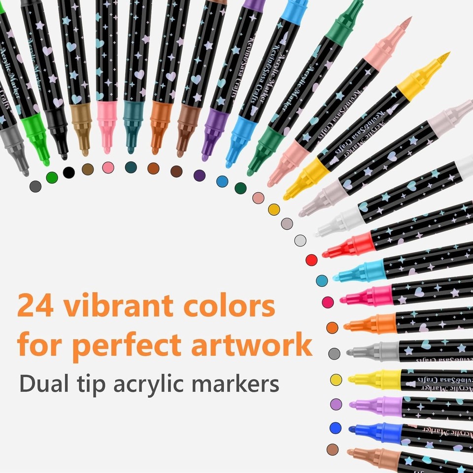 24 Colors Dual Tip Acrylic Paint Marker Pens Set, Multifunctional ...