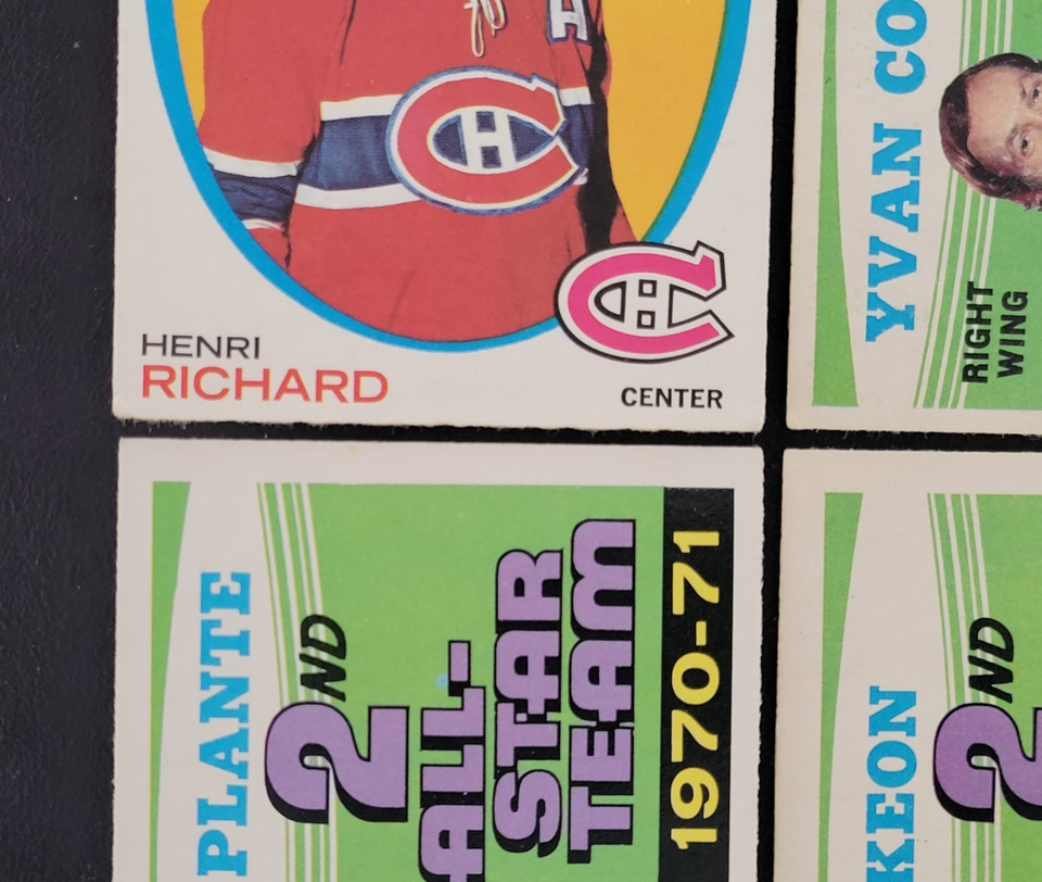 1971-72 O-PEE-CHEE 4 CARDS RICHARD #120 PLANTE #256 KEON #259 COURNOYER ...