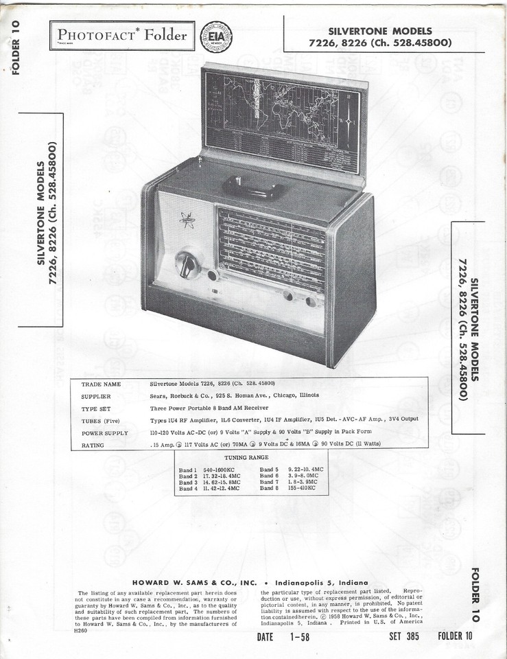 1958 SILVERTONE 7226 8226 AM RADIO Photofact MANUAL Portable Receiver 8 ...