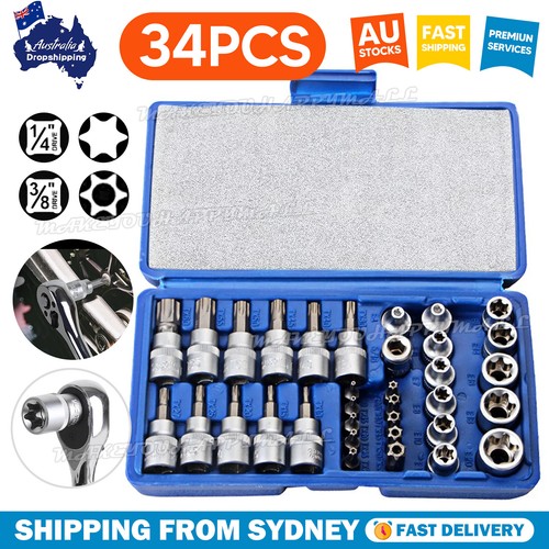 34 pcs E-Torx Socket Set 3/8" 1/4" Drive Star Hex Bit External Torque ...