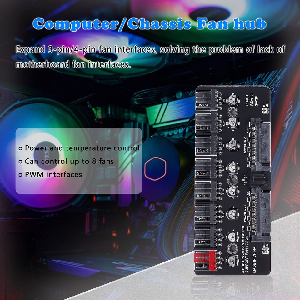 Chassis Fan Hub 3 Pin 4 Pin PWM PC CPU Cooling Fan Hub 8 Way 12 V ...
