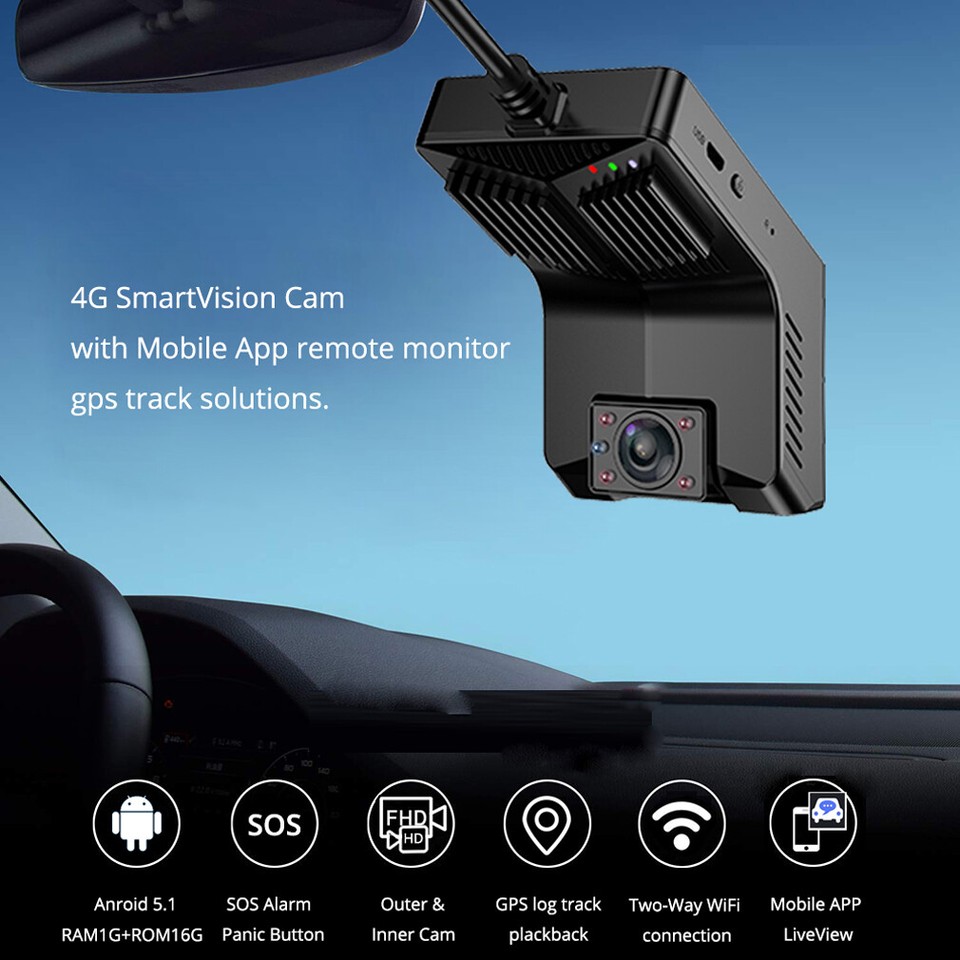 4G Dash Cam Remote Live View For Front Inside IR Night Vision Wifi GPS ...