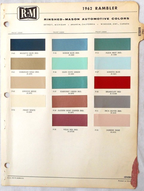1962 AMC RAMBLER R-M COLOR PAINT CHIP CHART | eBay