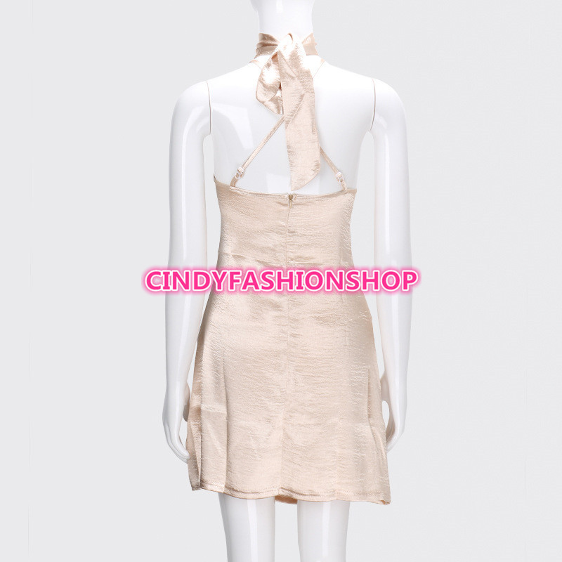 Summer Elegant Backless V-Neck Halter Satin Slip Sexy Mini Women Short ...