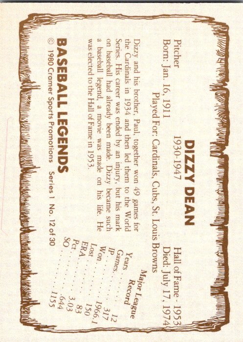 1980 Cramer Baseball Legends Series 1 #12 Dizzy Dean baseball card 6YY ...