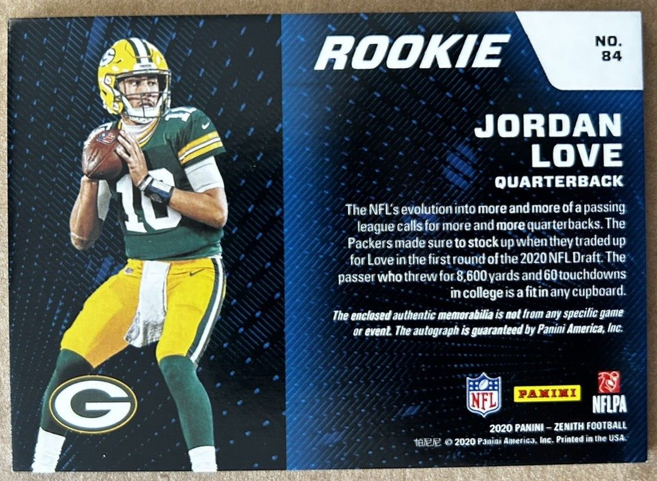 2020 Jordan Love Panini Zenith Patch Autograph Copper #44/50 RC Auto | eBay