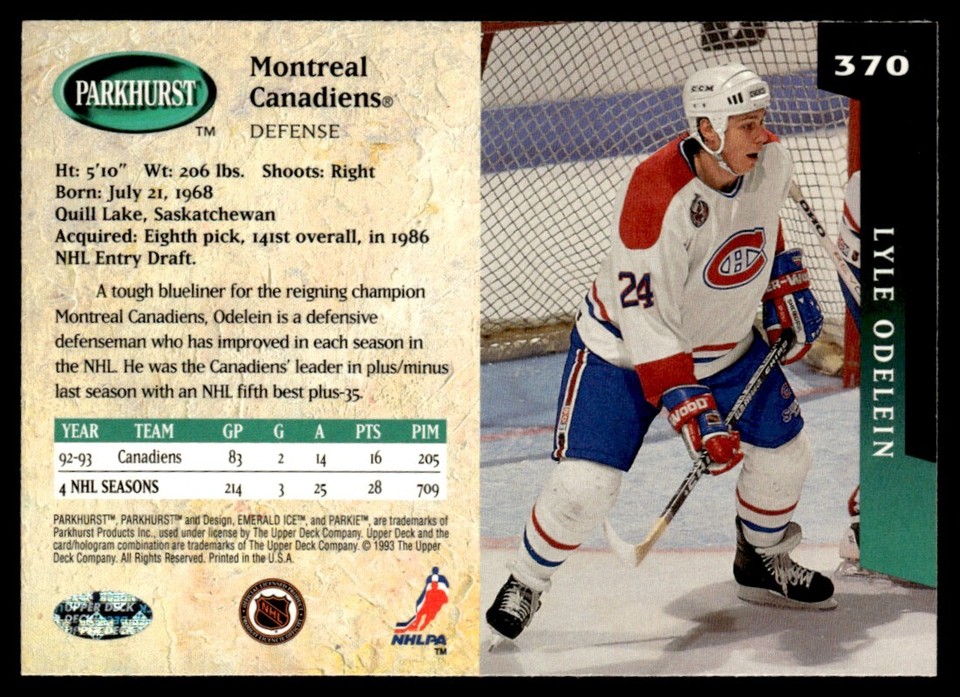 1993-94 Parkhurst Emerald Ice LYLE ODELEIN #370 Canadiens FREE Ship! | eBay