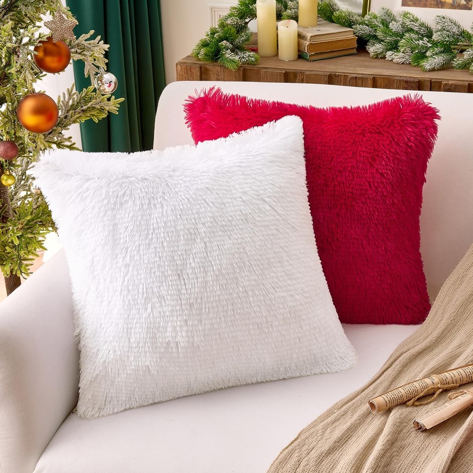 Pack of 2 White Throw Pillow Covers Luxury Fluffy Pillows Faux Fur ...