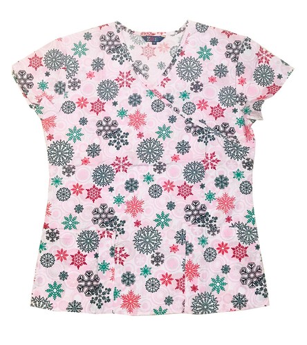 Womens Fashion Medical Nursing Scrub Tops Pink base colorful snowflakes ...