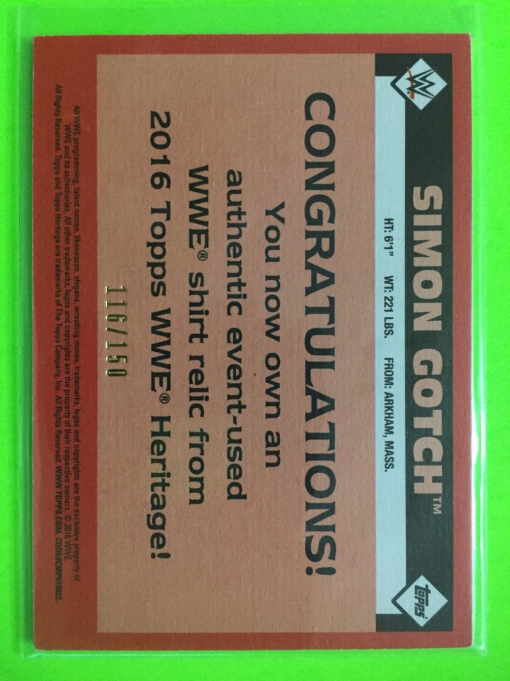 Simon Gotch 2016 Topps WWE Heritage Event Used Shirt Relic Card /150 | eBay