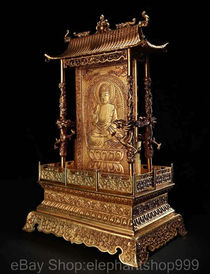 20" Old Chinese Copper 24K Gold Gilt Sakyamuni Buddha Buddhist Shrine ...
