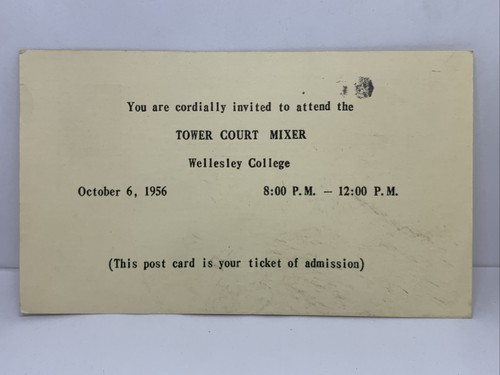 1956 Wellesley College Tower Court Mixer Invitation Post Card Ticket ...