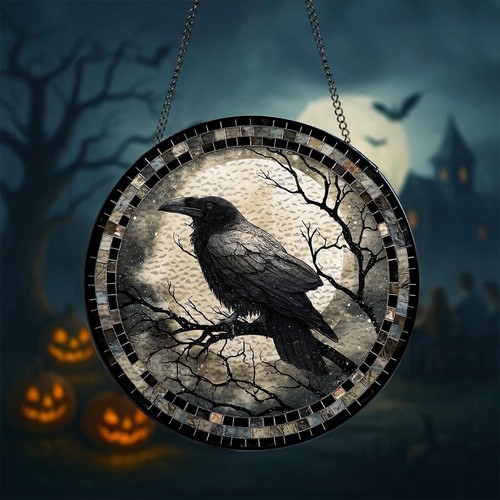 Raven And Moon Suncatcher, Gothic Crow Window Hanging Halloween Raven ...