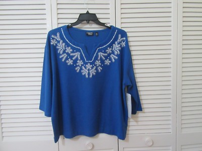 Onque Casuals Top, Woman Plus 1X, Blue knit,embellished in white and ...