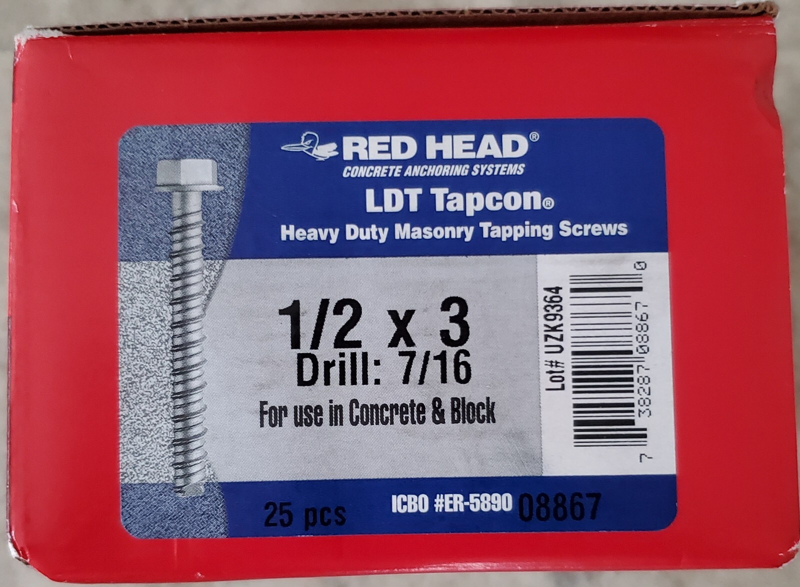 1/2" x 3" Zinc Hex Washer Head LDT Tapcon Masonry Screws MSHWS-099 (25 ...