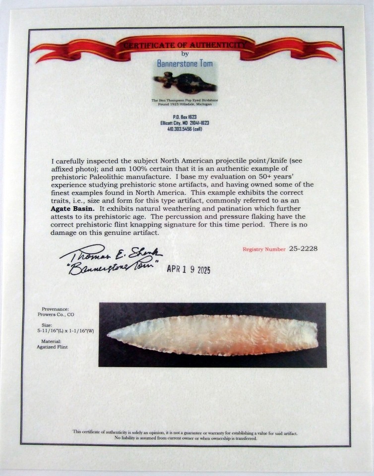 Super Fine 5 11/16 inch Semi-Trans Colorado Agate Basin Point wt COA ...