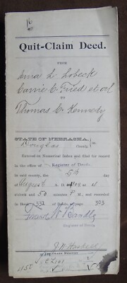 Quit Claim Deed Douglas County Nebraska 1899 Anna Lobeck Thomas Kennedy ...