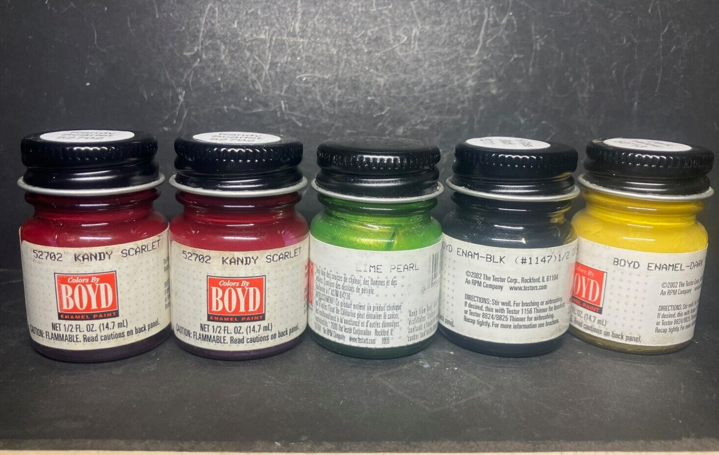 Boyd Kandy Scarlet x2, Lime Pearl, Hi Gloss Black &Dark Yellow Enamel ...